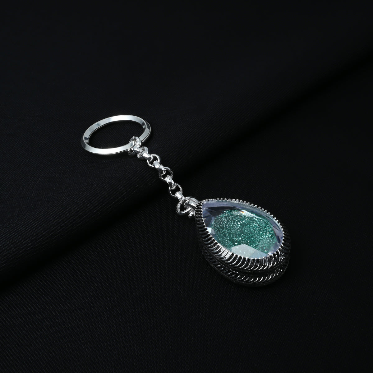 Teardrop Design Green Gemstone Silver Keychain – Khushbu Jewellers